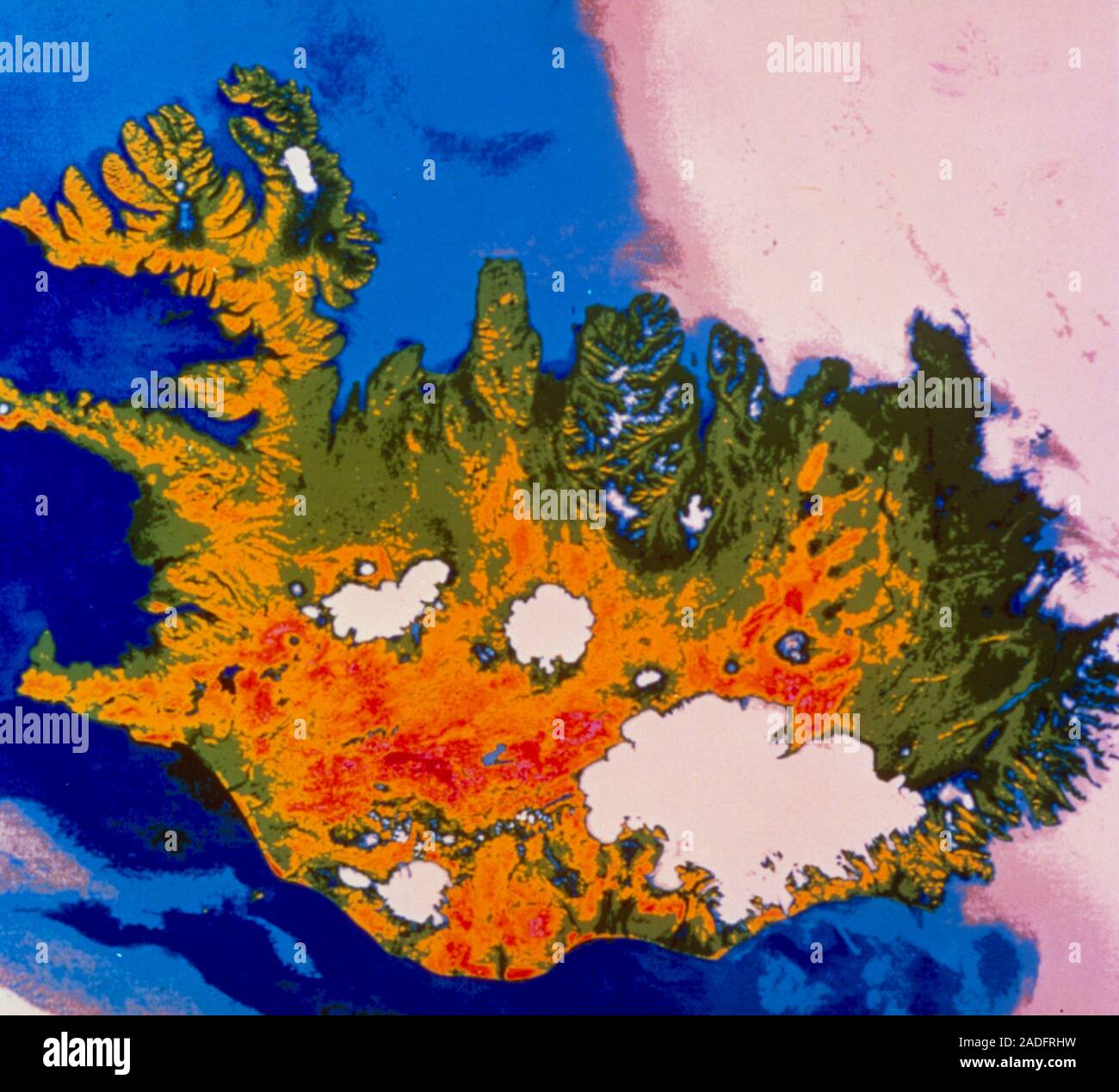 False-colour infrared satellite image of Iceland. The colour coding ...
