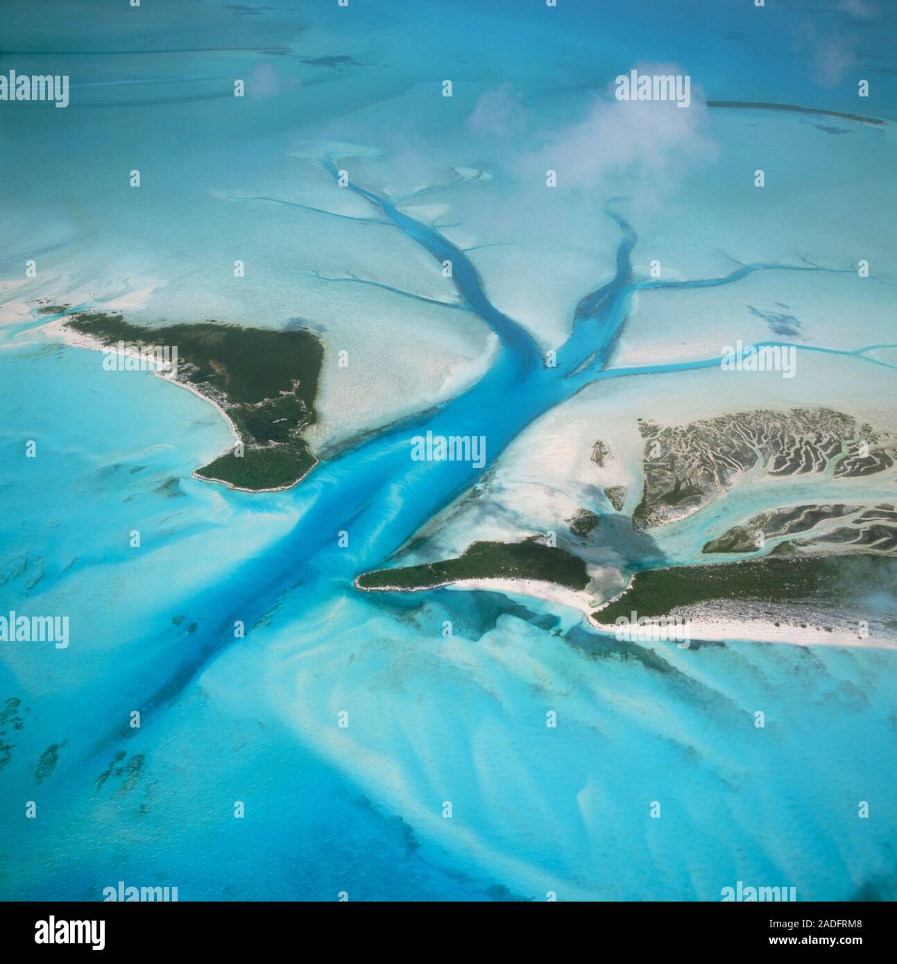 Bahama Bank islands. Aerial view of islands amongst the sand bars of ...