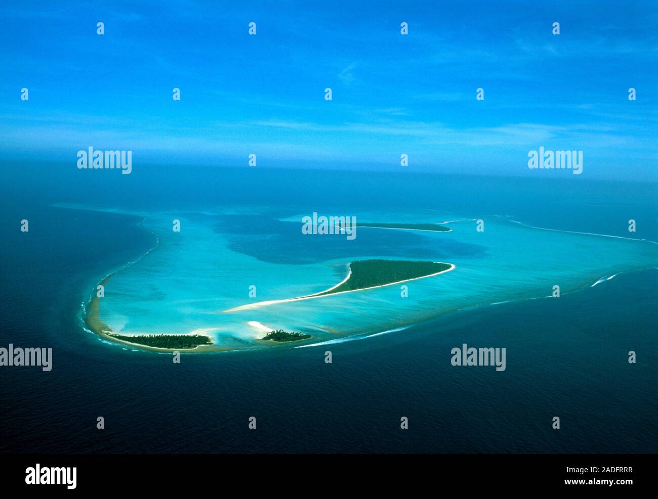 Coral reef. Aerial view of a reef island, part of the Lakshadweep ...