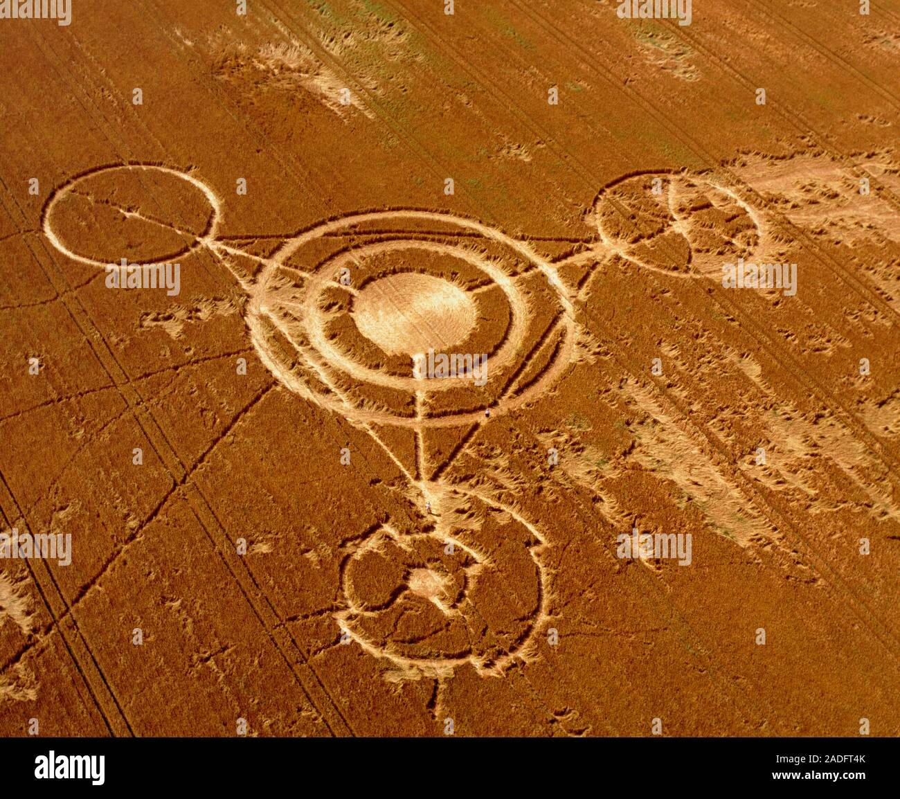 Aerial view of a crop formation near Barbury Castle, Wiltshire, England ...