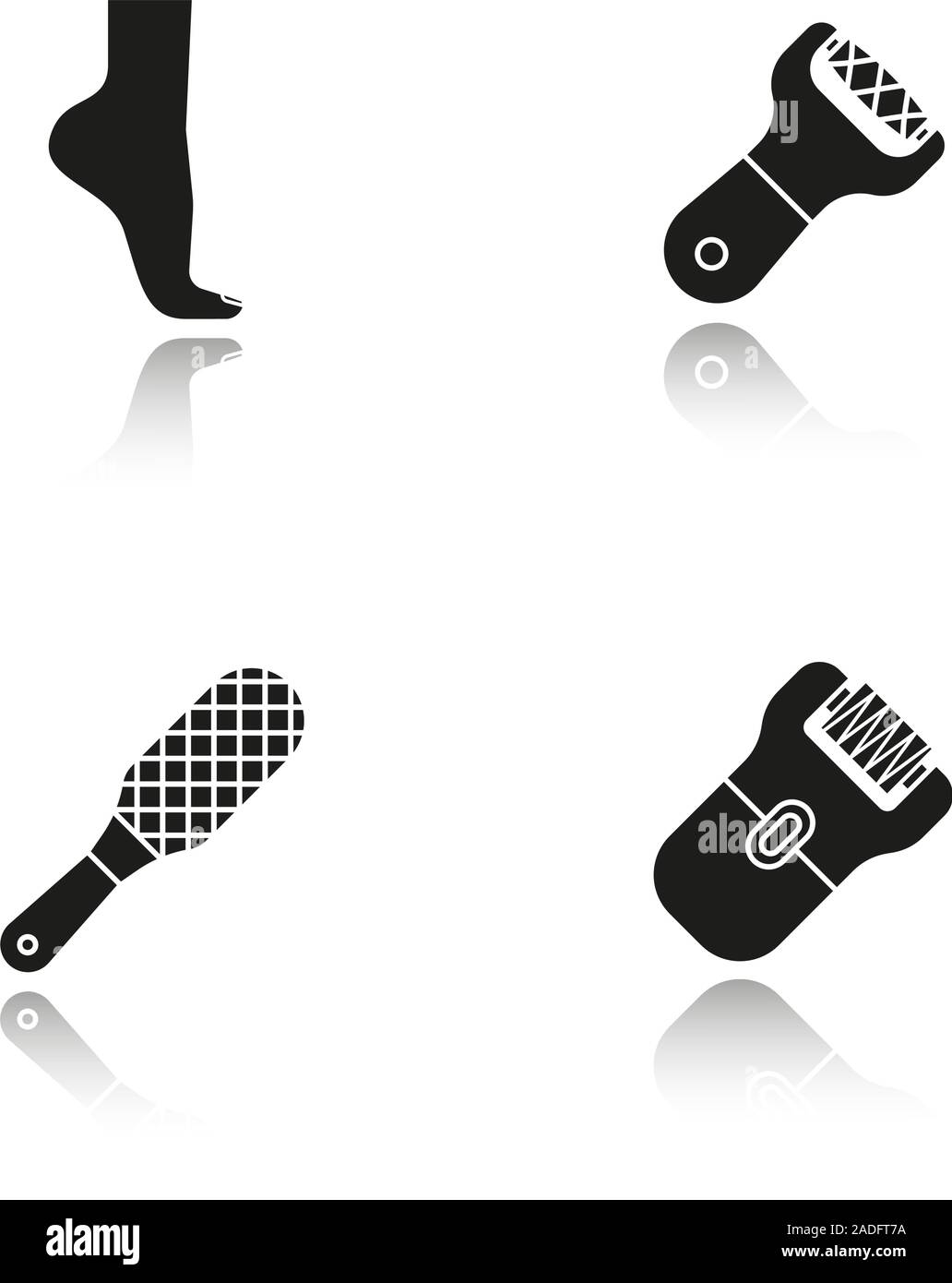 Feet care drop shadow black icons set. Woman's foot, file, rasp ...
