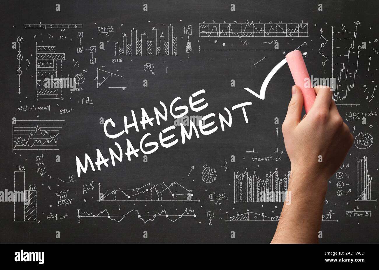 Hand drawing CHANGE MANAGEMENT inscription with white chalk on ...