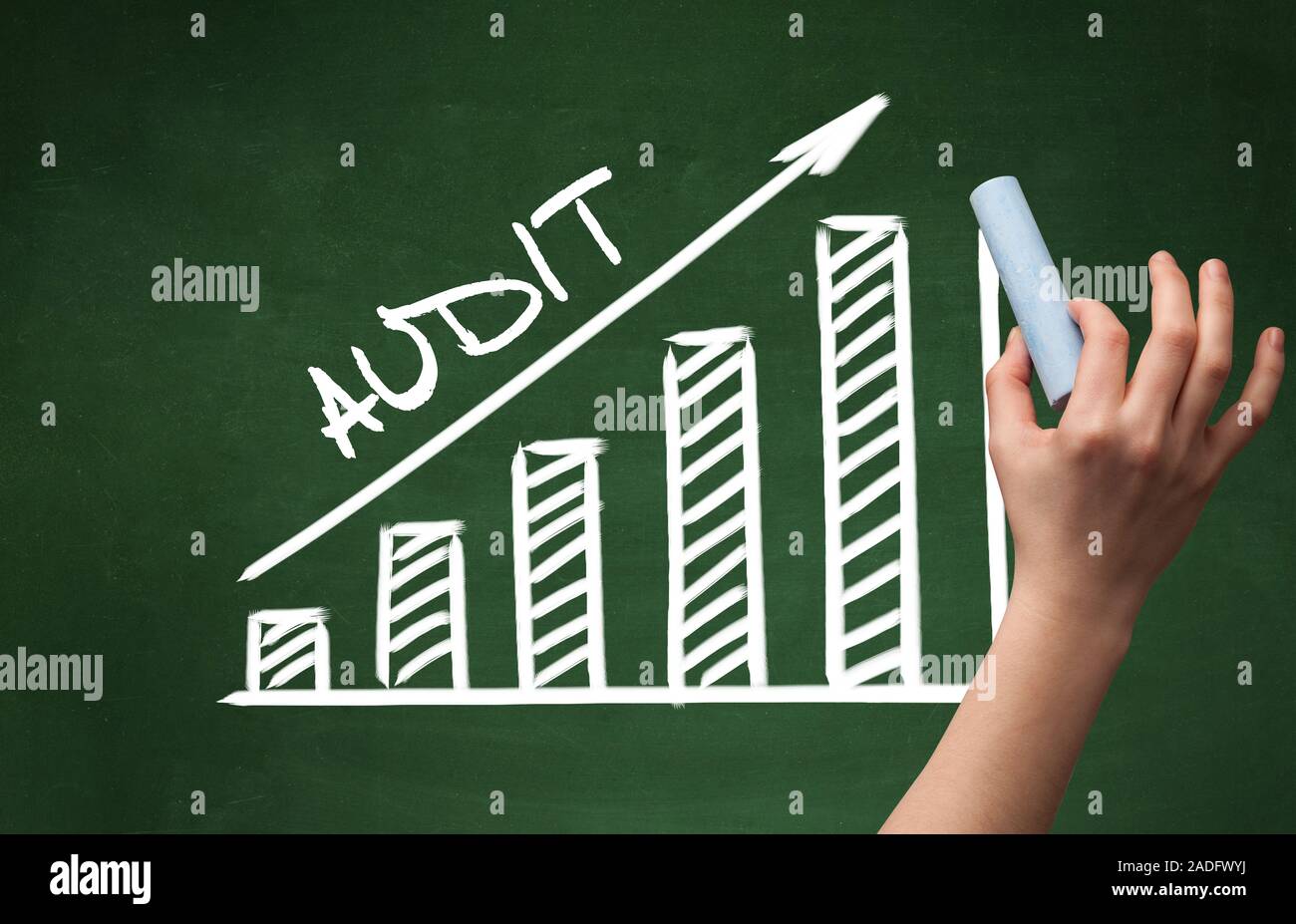 Hand drawing AUDIT inscription with white chalk on blackboard, business ...