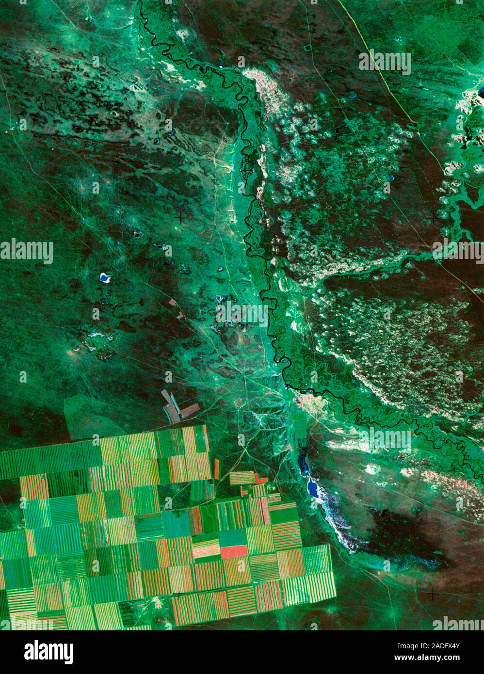 Mongolian agriculture and river, satellite image. North is at top ...