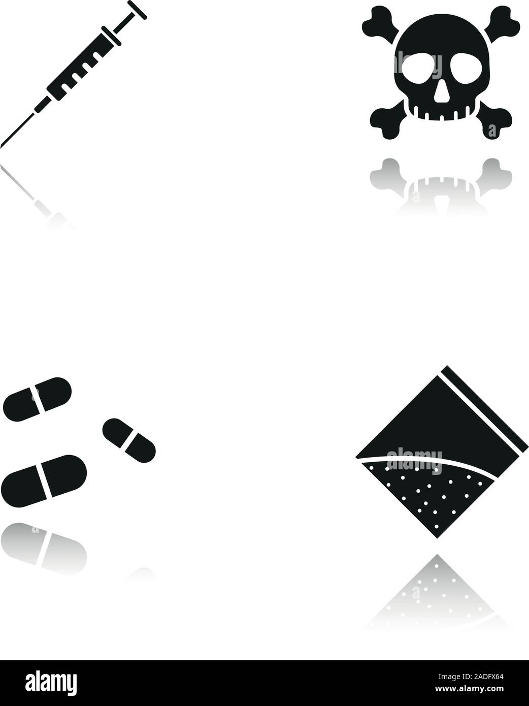 Drugs drop shadow black icons set. Syringe with needle, crossbones ...