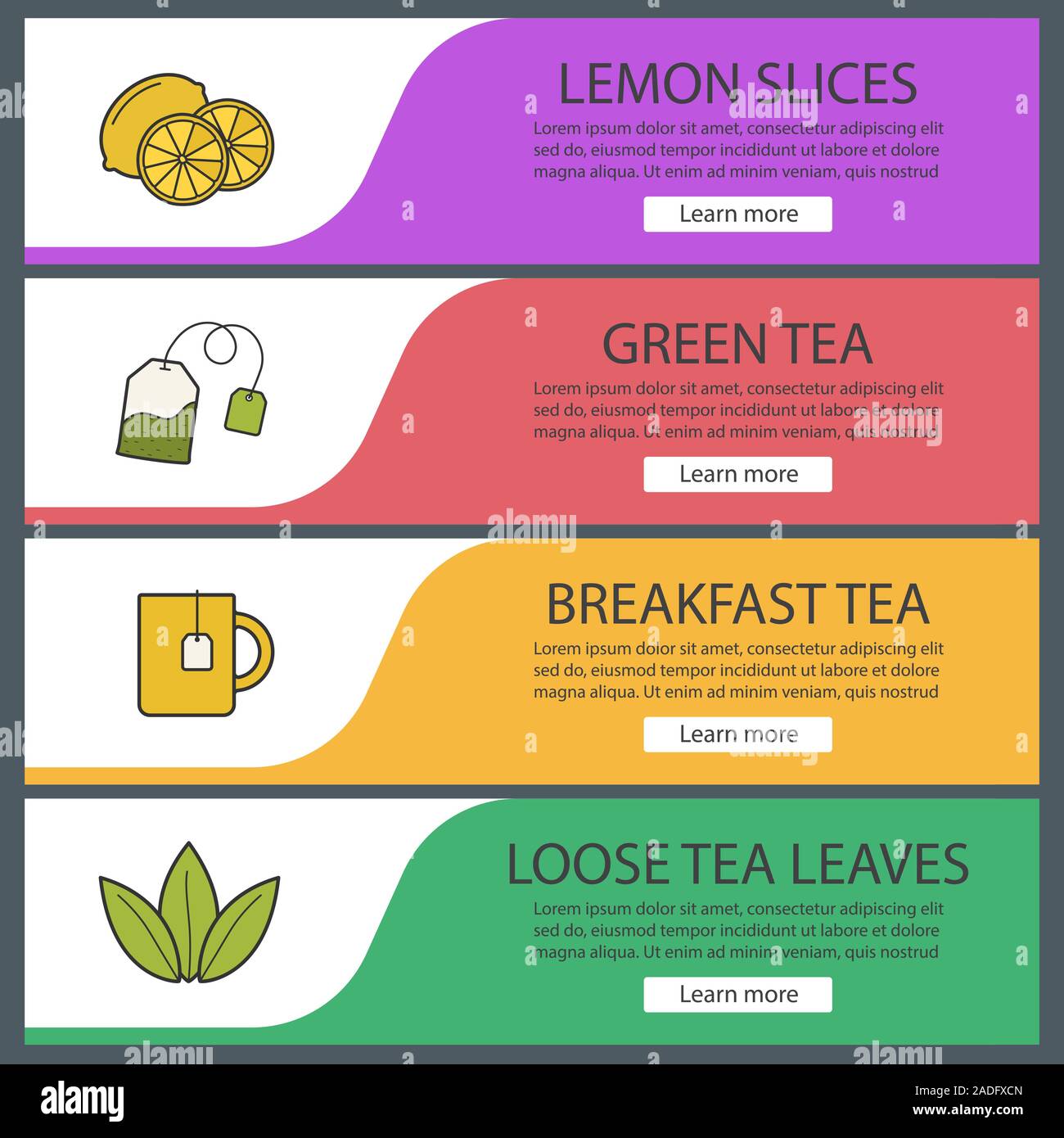 Tea banner templates set. Lemon slices, tea mug and bag, loose leaves ...