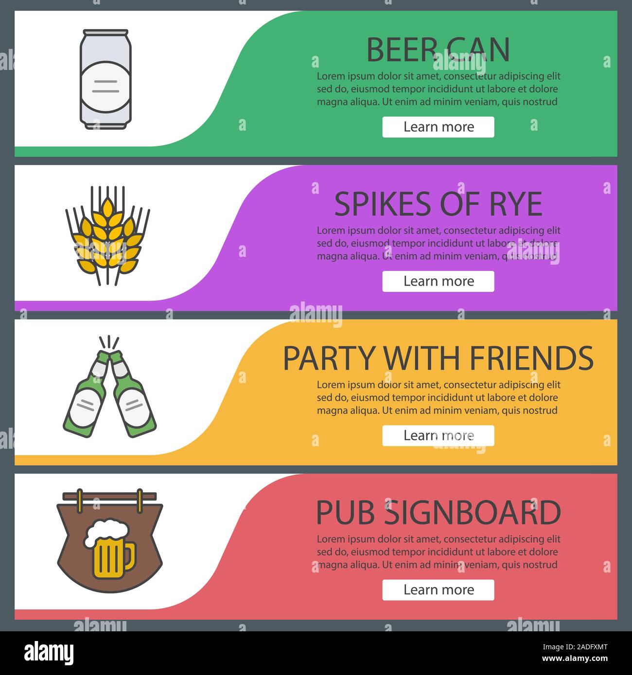 Beer banner templates set. Spikes of rye, beer can and toasting bottles ...