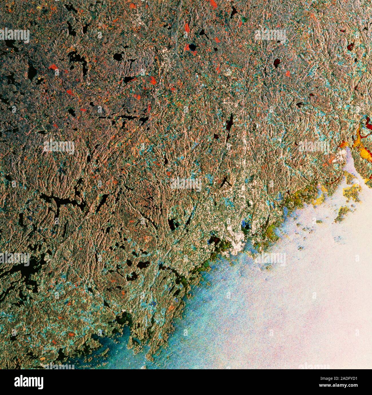 Helsinki. Coloured radar satellite image of Helsinki (white, on coast ...
