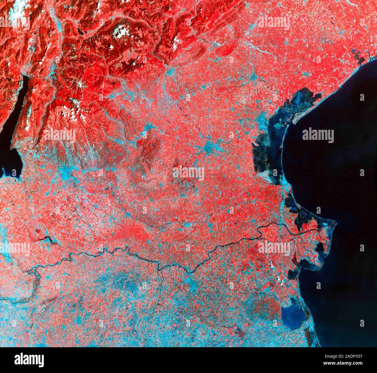 Venice. Infrared Landsat satellite image of Venice (pale blue island in ...