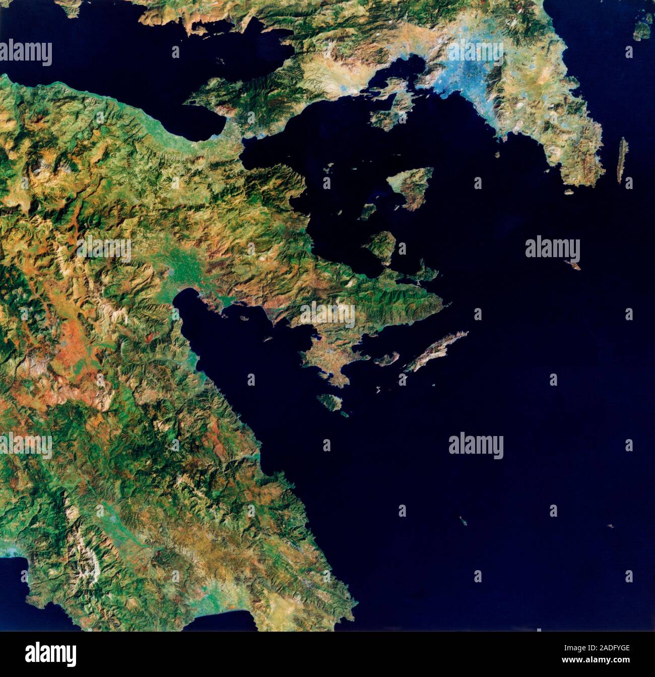 Athens and surroundings, satellite image. North is at top. Water is ...