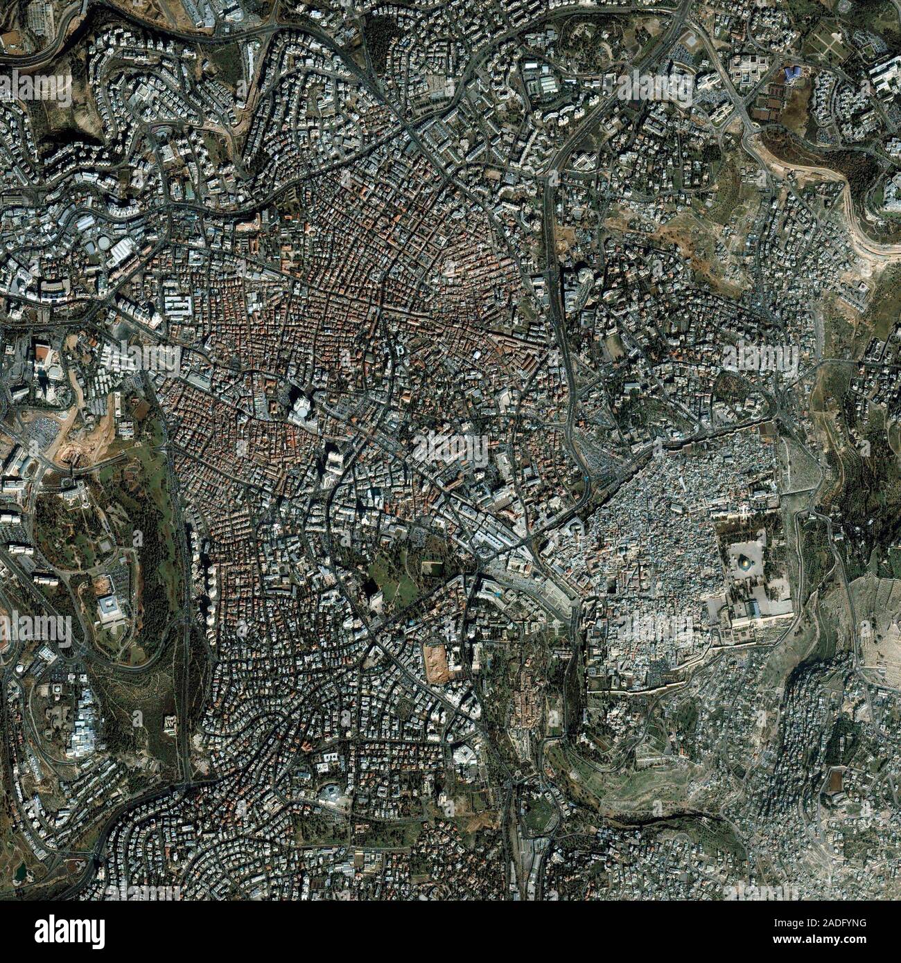 Jerusalem. Satellite image of Jerusalem, capital city of Israel. North ...