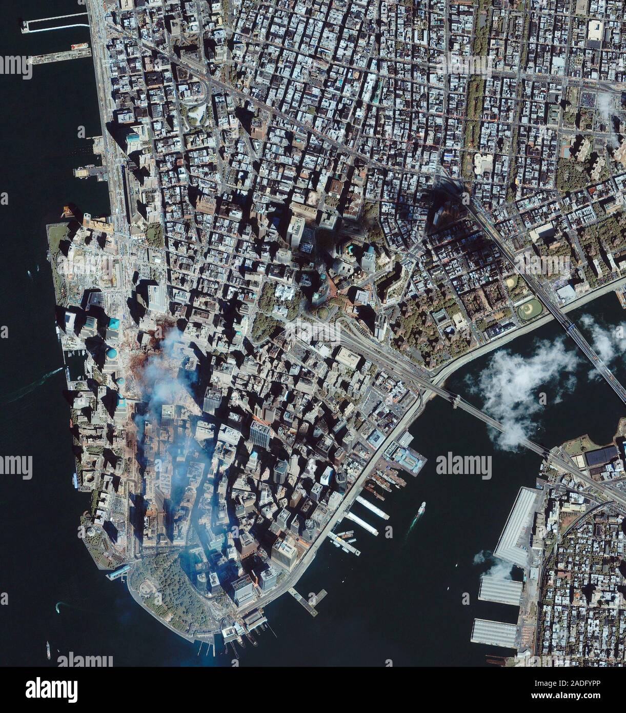 New York terrorist attack. Satellite image showing smoke (lower left ...