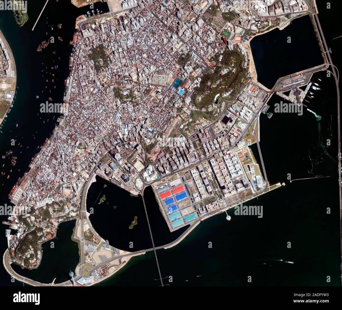 Macau peninsula, satellite image. Macau is a former Portuguese Overseas ...