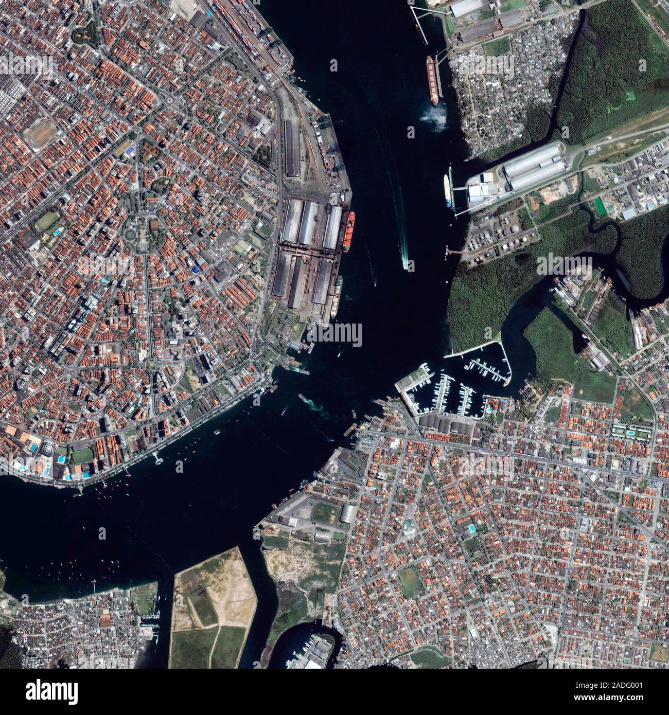 Santos Port, Brazil, satellite image. The city of Santos straddles the ...