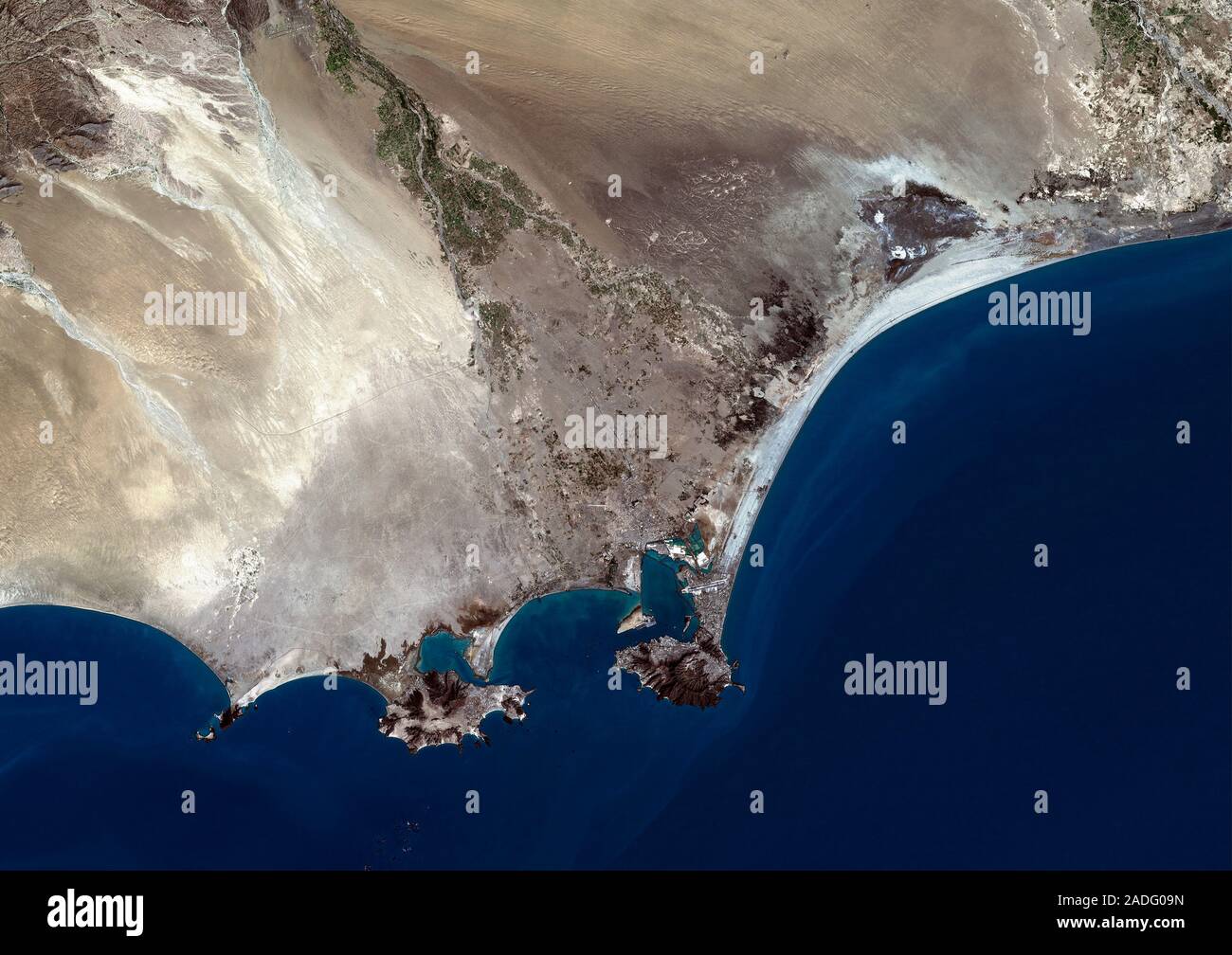 Aden, Yemen, satellite image. North is at top, urban areas are grey ...
