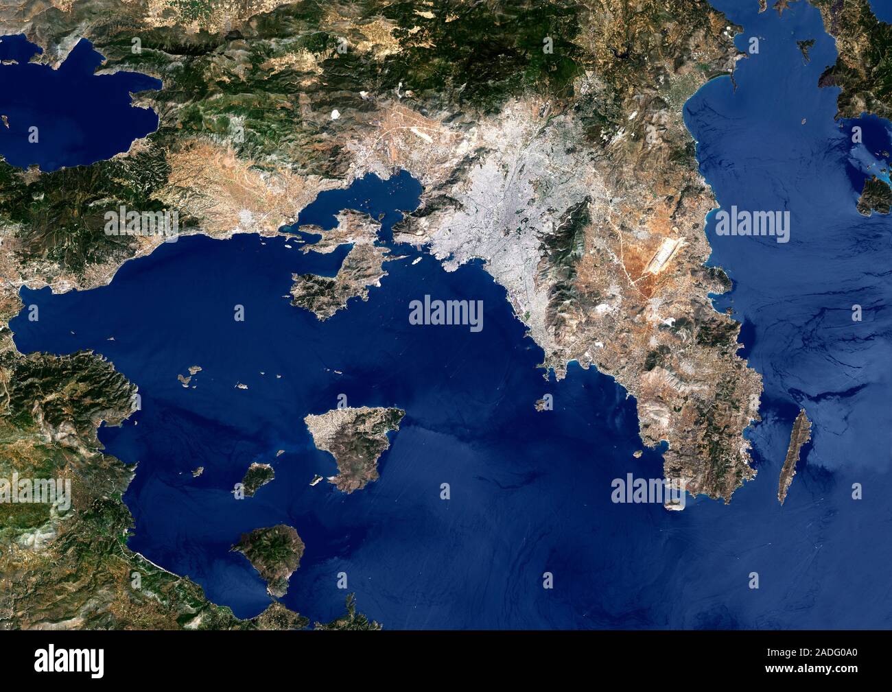 Athens, Greece, satellite image. North is at top, water is blue, urban ...