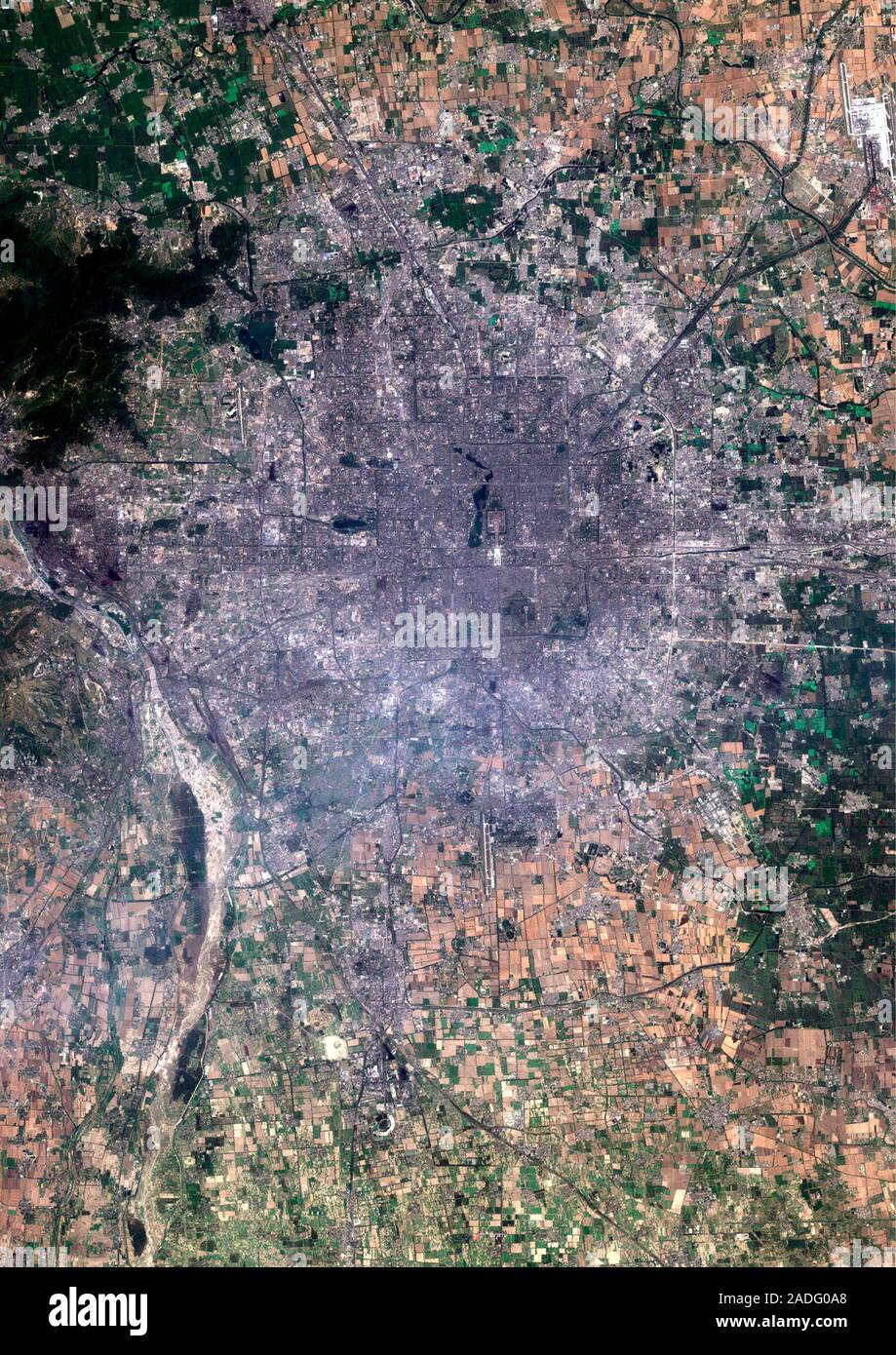 Beijing, China, satellite image. North is at top, urban areas are grey ...