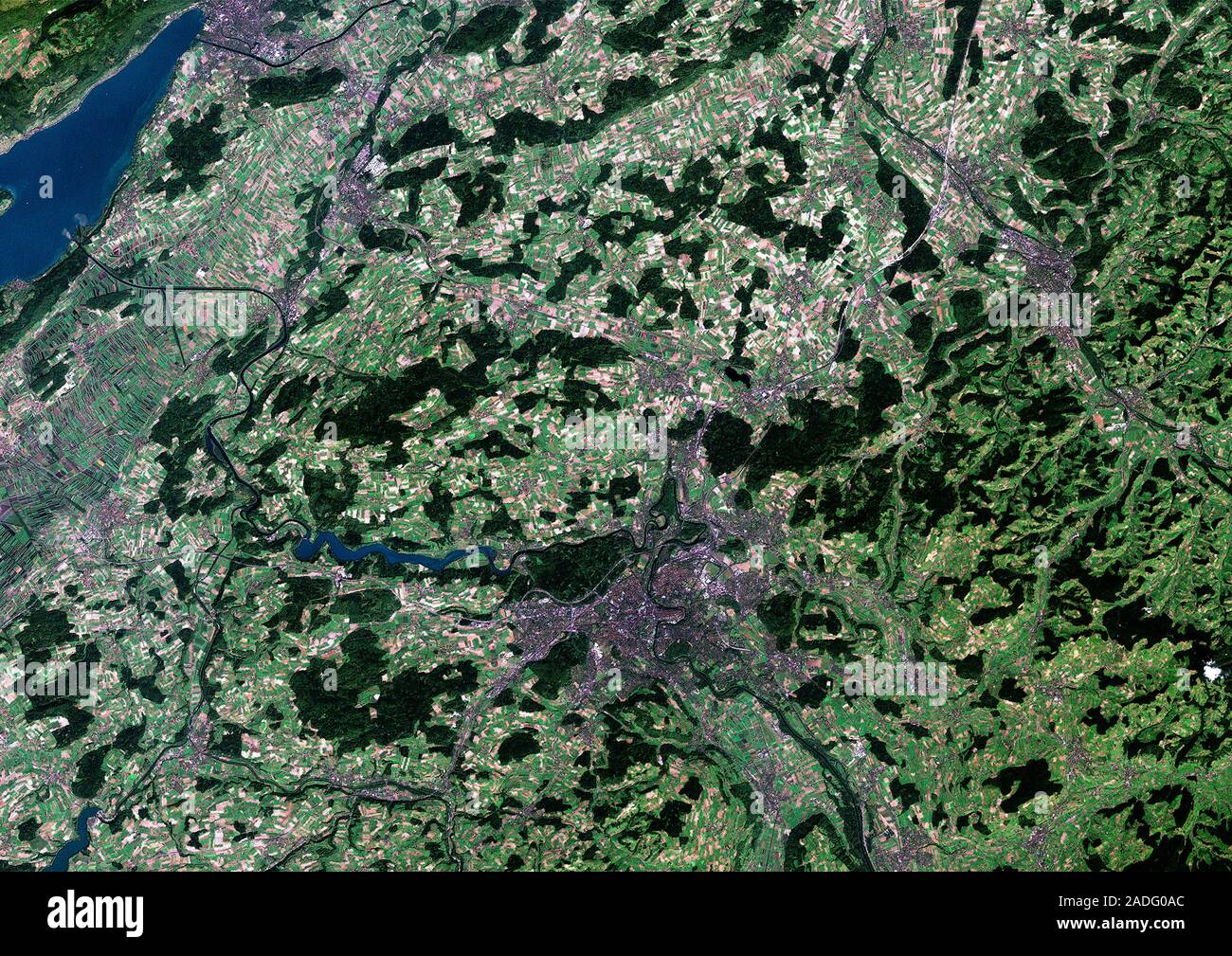 Bern, Switzerland, satellite image. North is at top, urban areas are ...