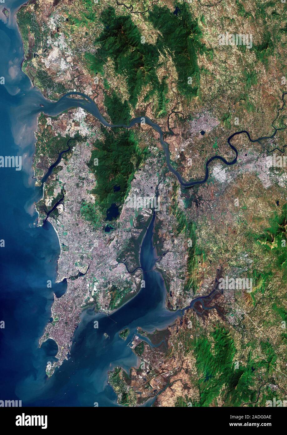 Mumbai, India, satellite image. North is at top, water is blue, shallow ...