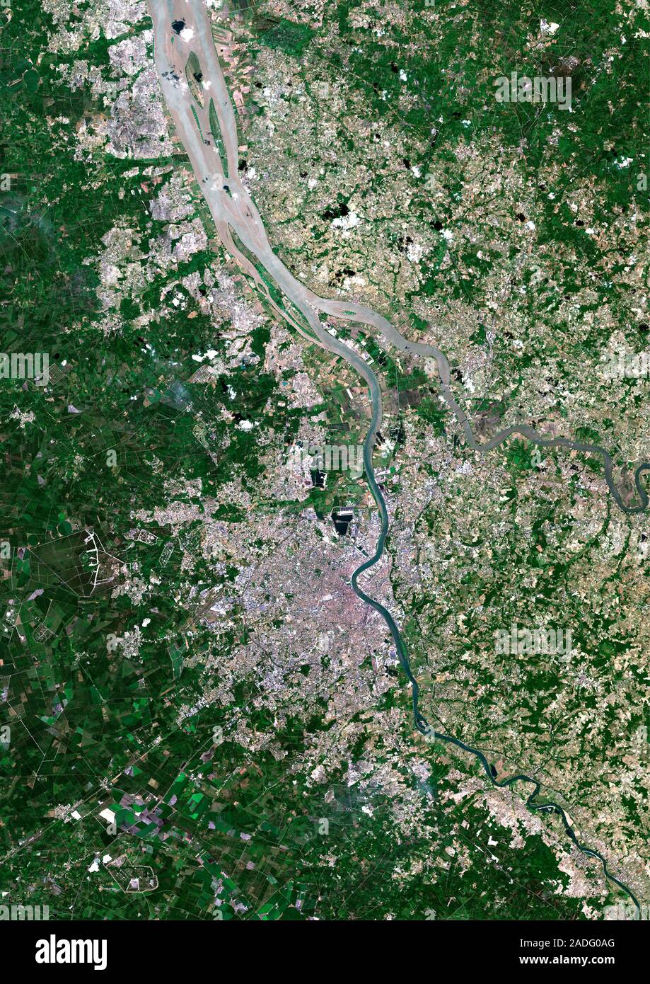 Bordeaux, France, satellite image. North is at top, water is blue ...