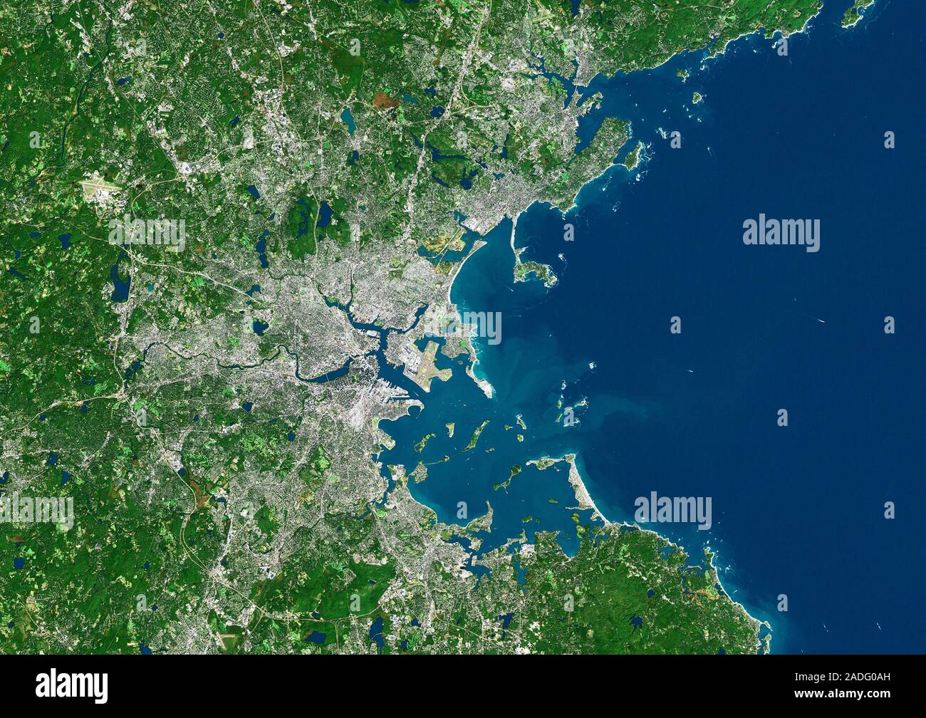Boston, Massachusetts, USA, satellite image. North is at top, water is ...