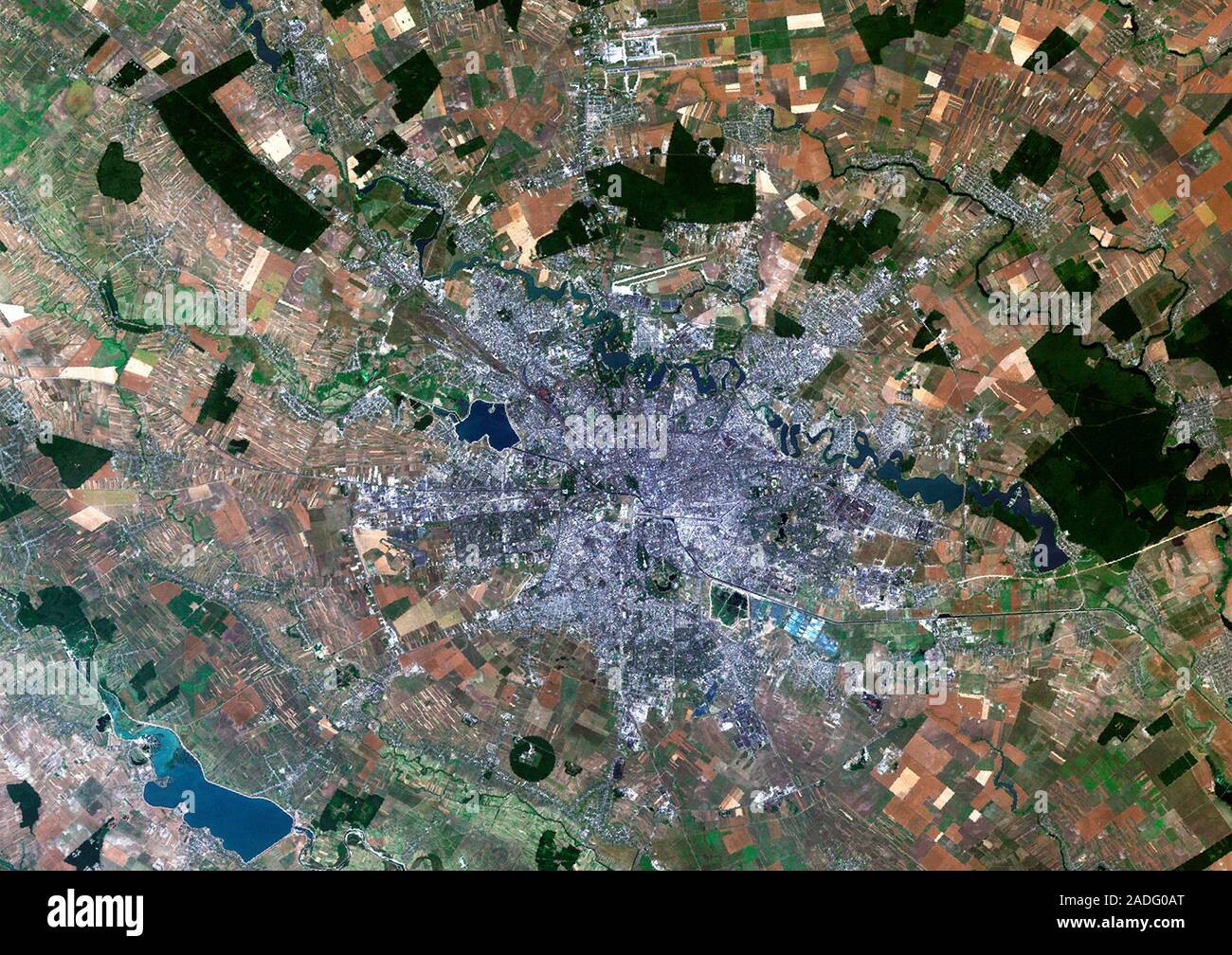 Bucharest, Romania, satellite image. North is at top, water is blue ...