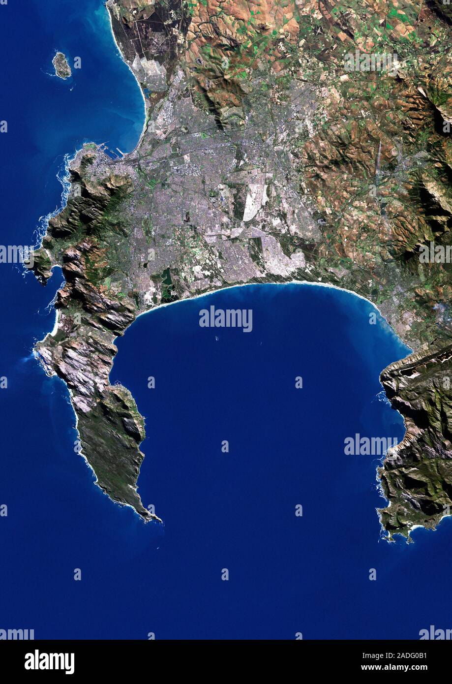Cape Town, South Africa, satellite image. North is at top, water is ...