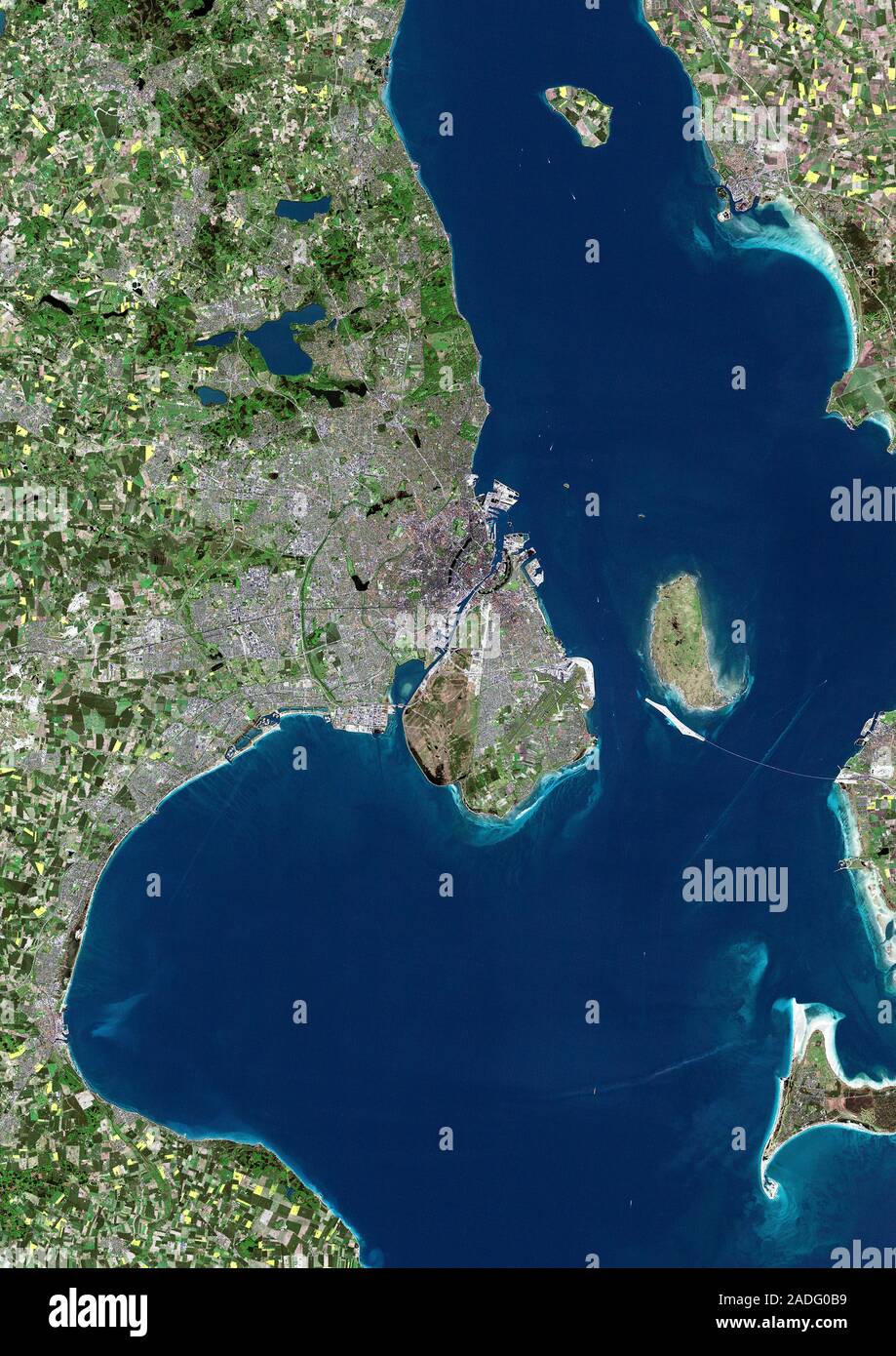 Copenhagen, Denmark, satellite image. North is at top, water is blue ...