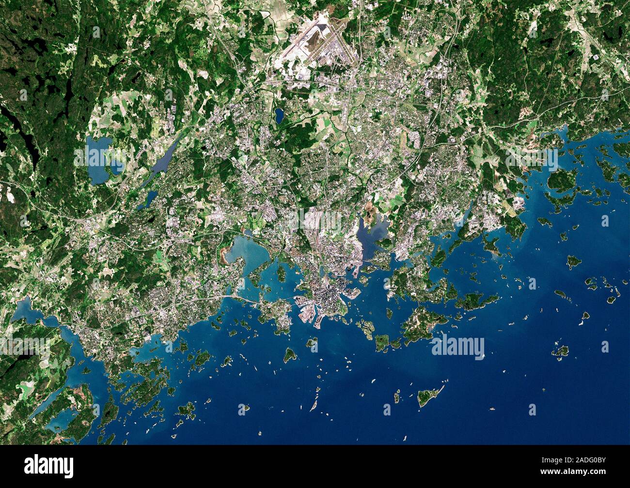 Helsinki, satellite image. North is at top. Vegetation is green, water ...