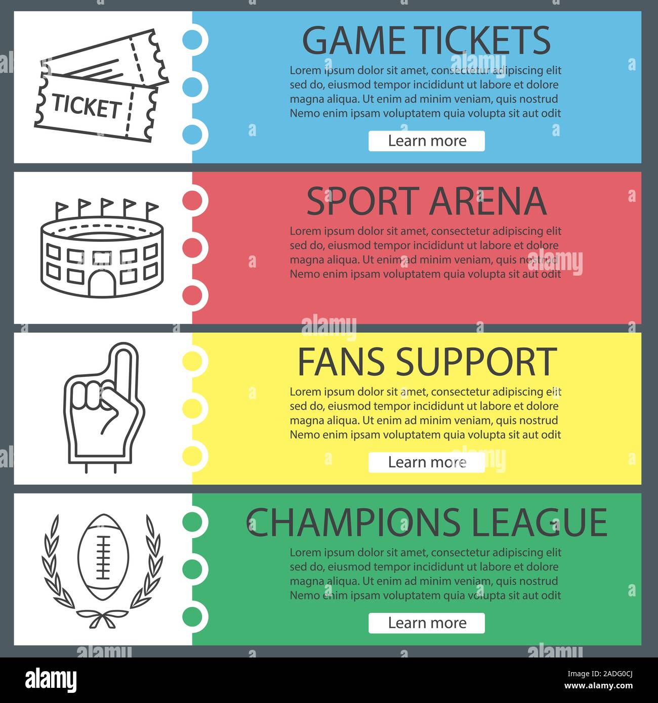 Sport game banner templates set. Tickets, arena, fans foam finger ...