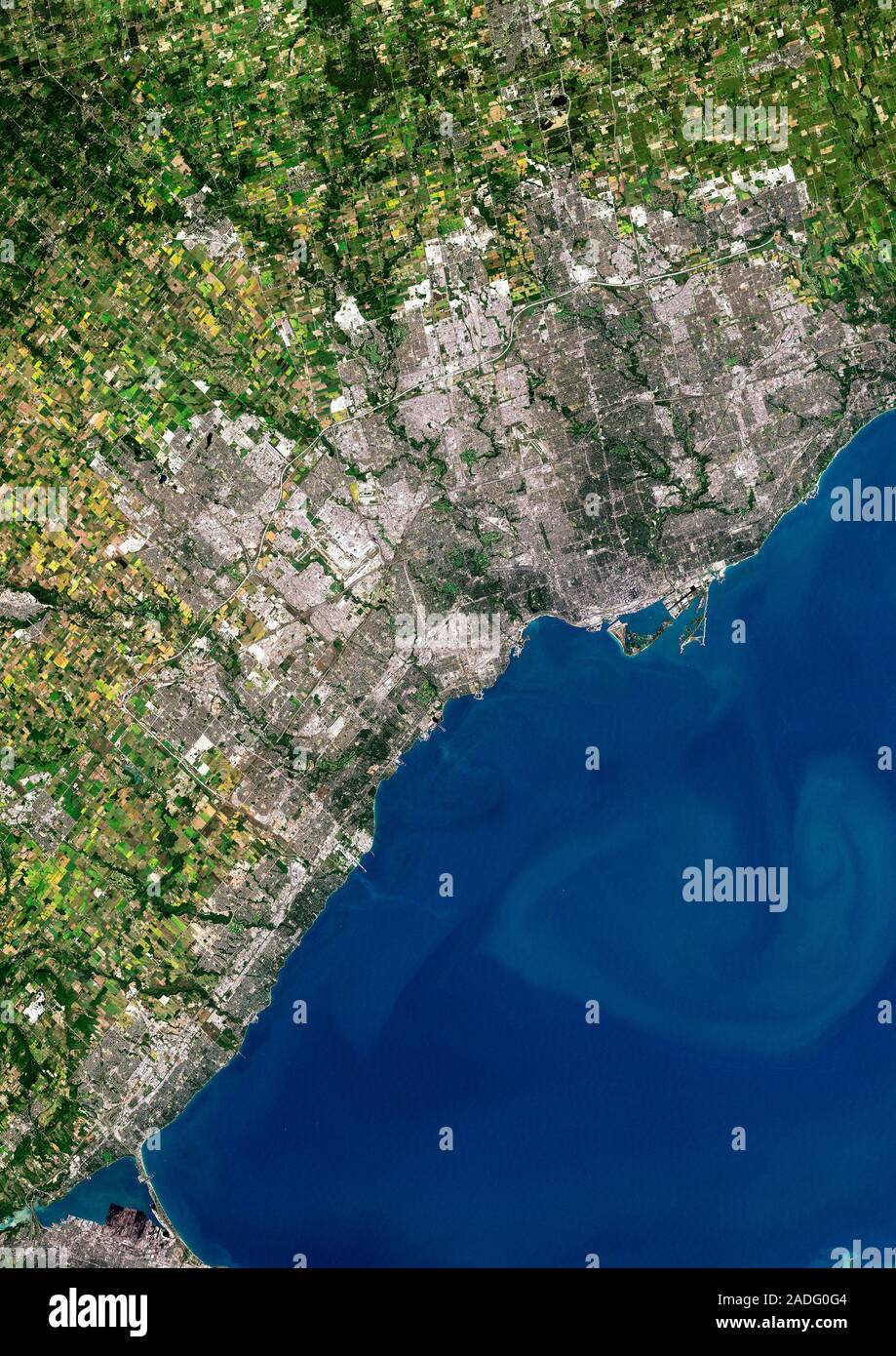 Toronto, satellite image. North is at top. Water is blue, vegetation is ...