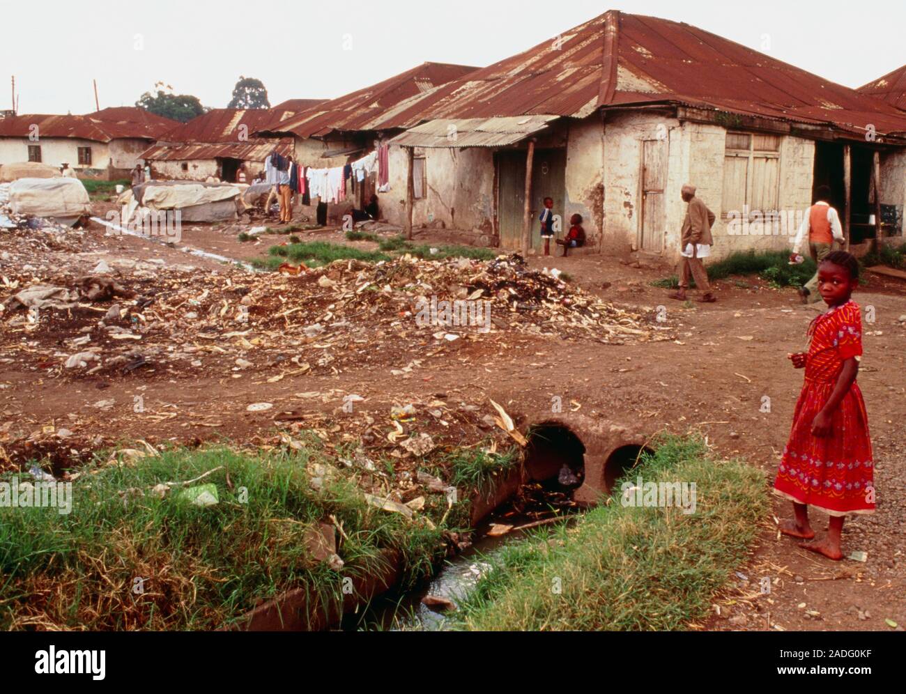 African shanty town. View of corrugated-roofed slum houses, open sewage ...