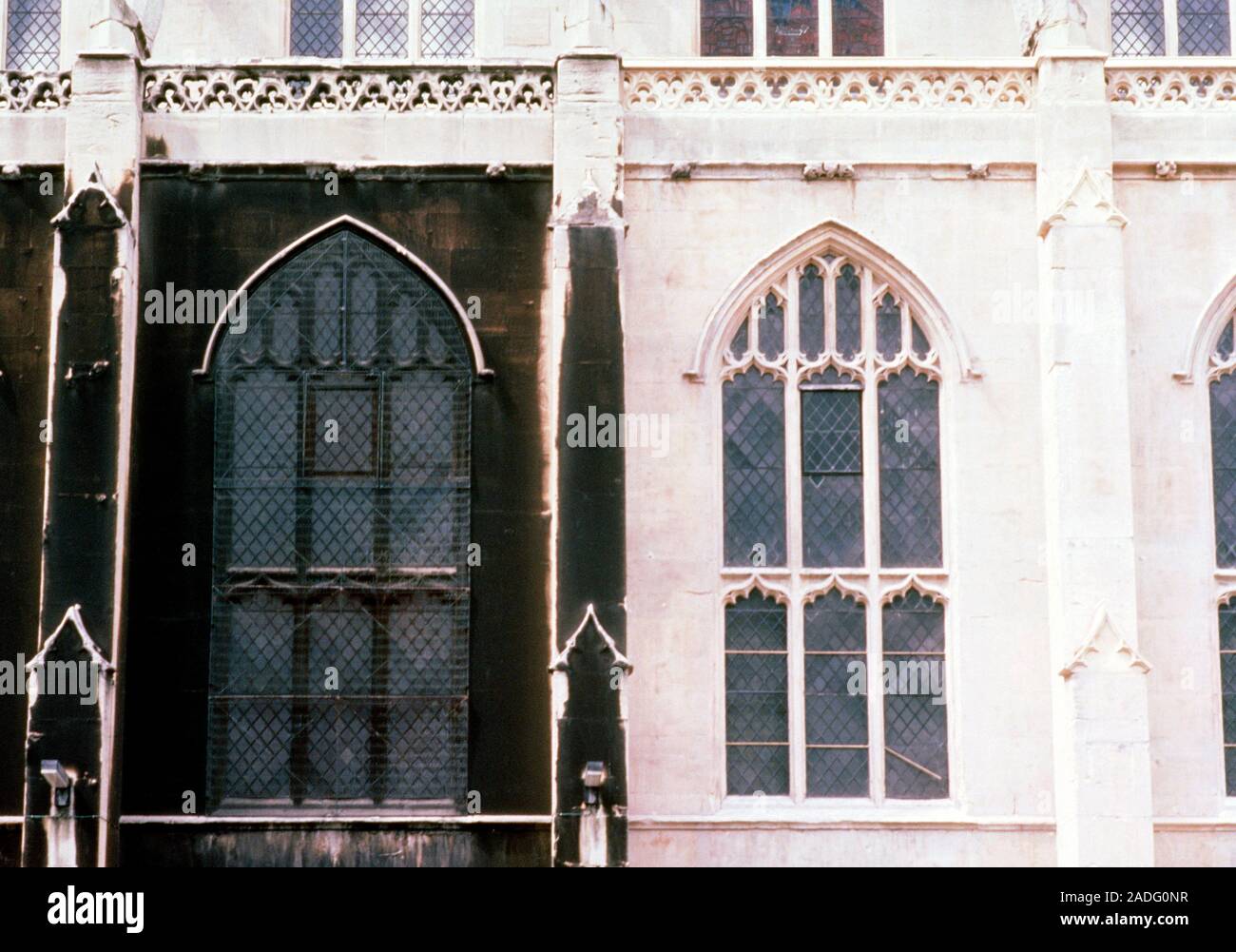 Church wall in Chelsea, London, soot-stained from decades of ...