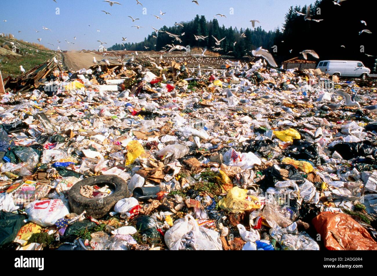 Waste disposal in a landfill. Landfill sites are used as a depository ...