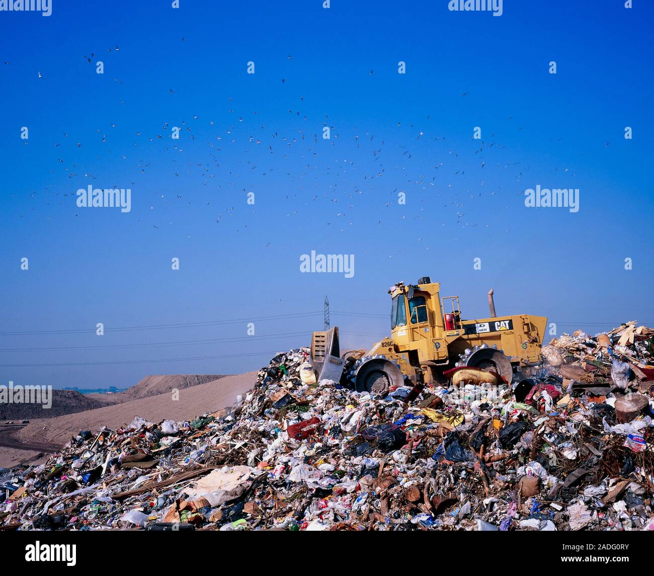 Waste landfill site. A bulldozer levels refuse dumped at a landfill ...