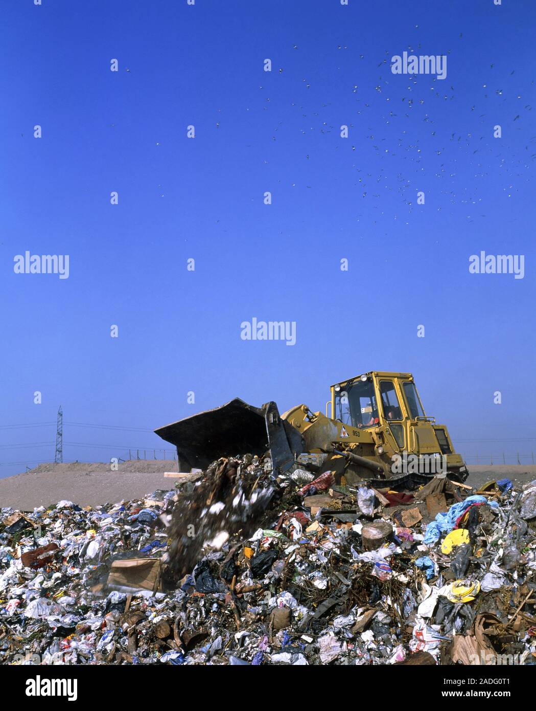 Waste landfill site. A bulldozer levels refuse dumped at a landfill ...