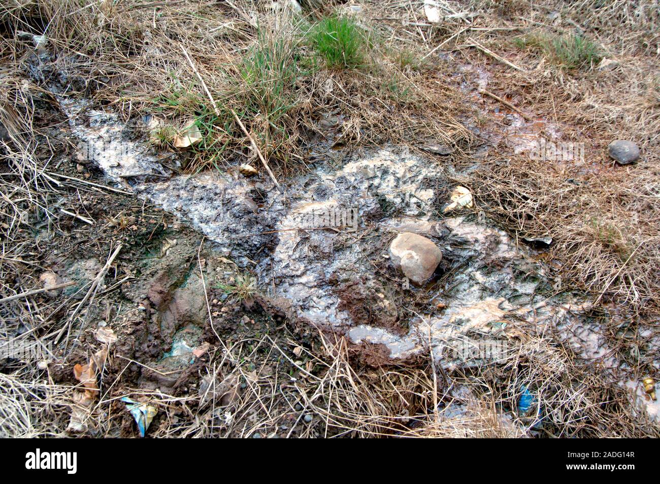 Leachate pollution (white and brown stains and deposits) at a rubbish ...