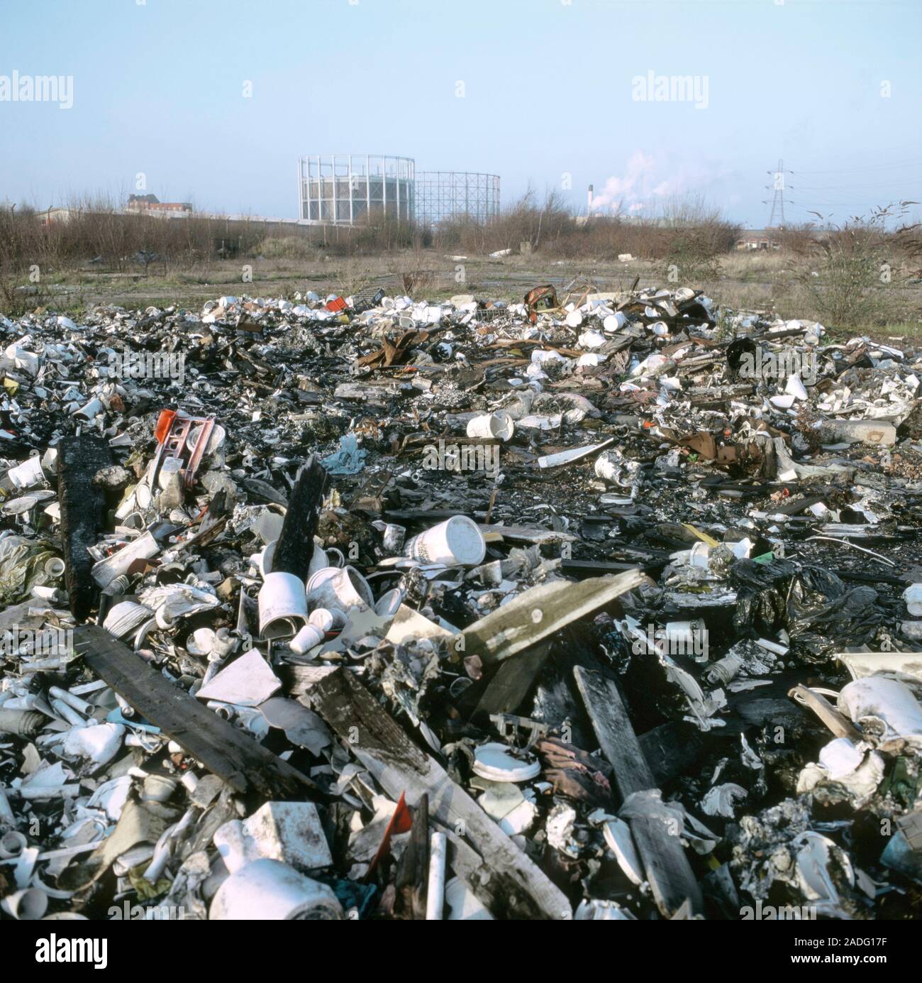 Industrial waste dumped on waste ground. Photographed in Birmingham, UK ...
