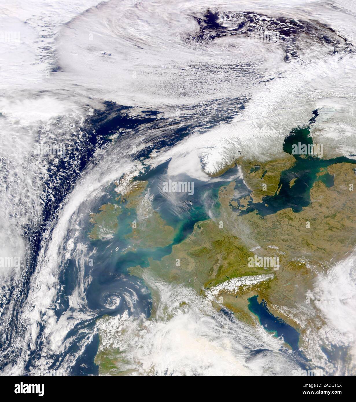 Atmospheric pollution. Satellite image of Western Europe. A break in ...