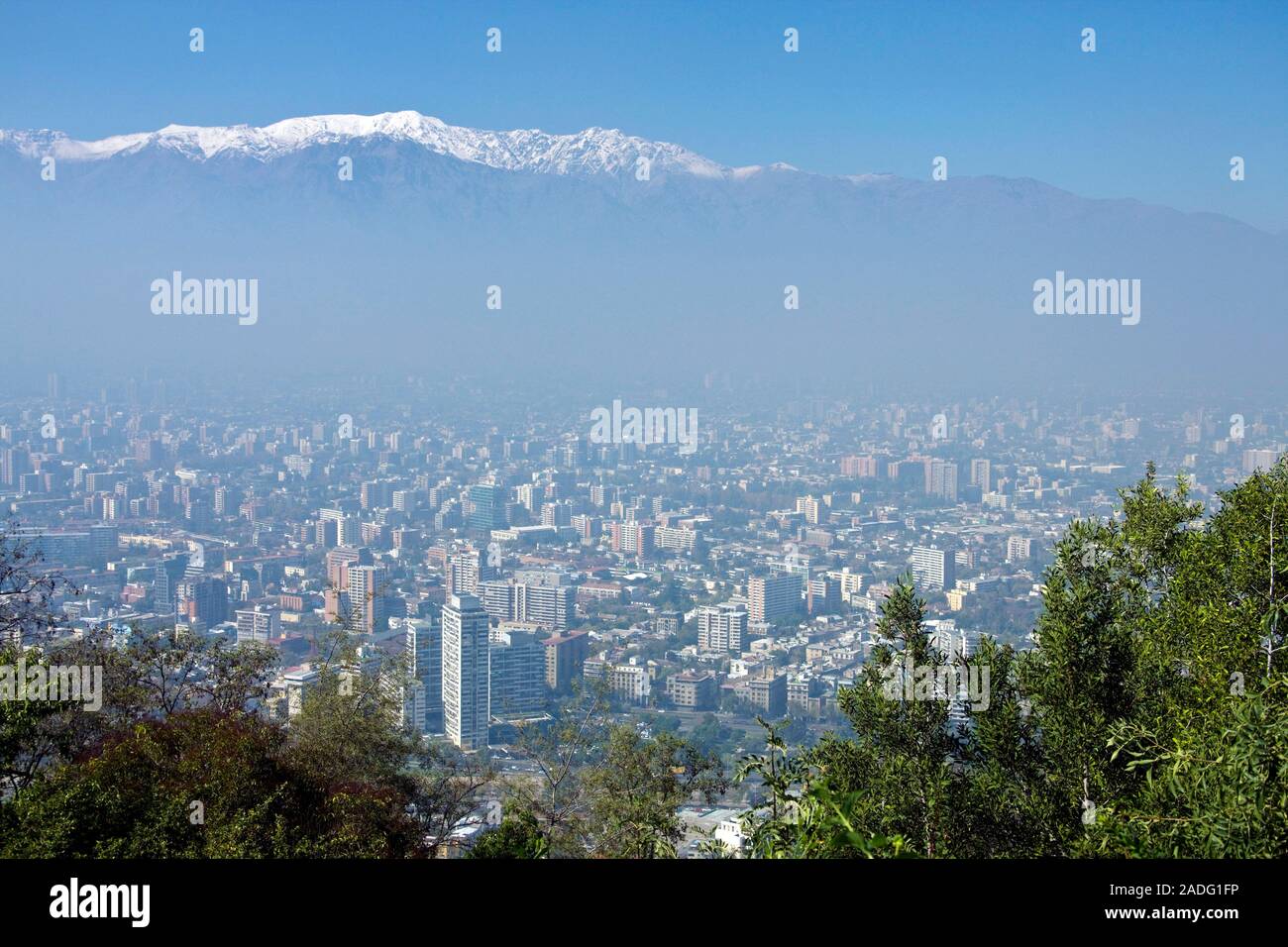 Air pollution (smog) over Santiago, Chile. The city borders the Andes ...