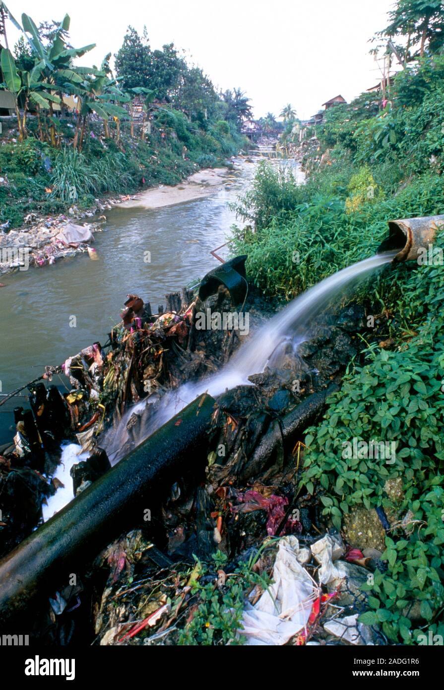 River pollution. Sewage outflow pipe running directly into a river ...