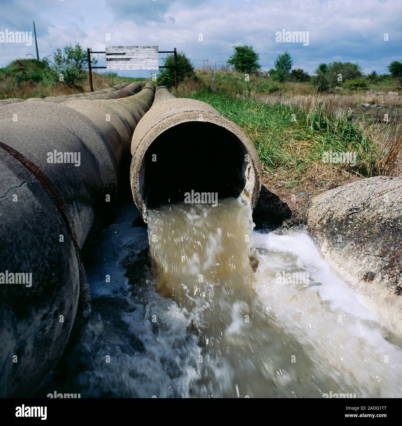 Industrial water pollution. Outflow pipes from a paper mill ...