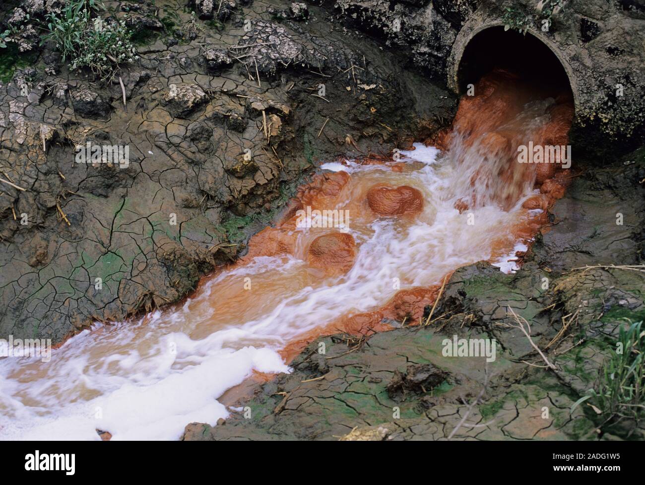 Water pollution. Untreated water from a chemical works flowing out of a ...