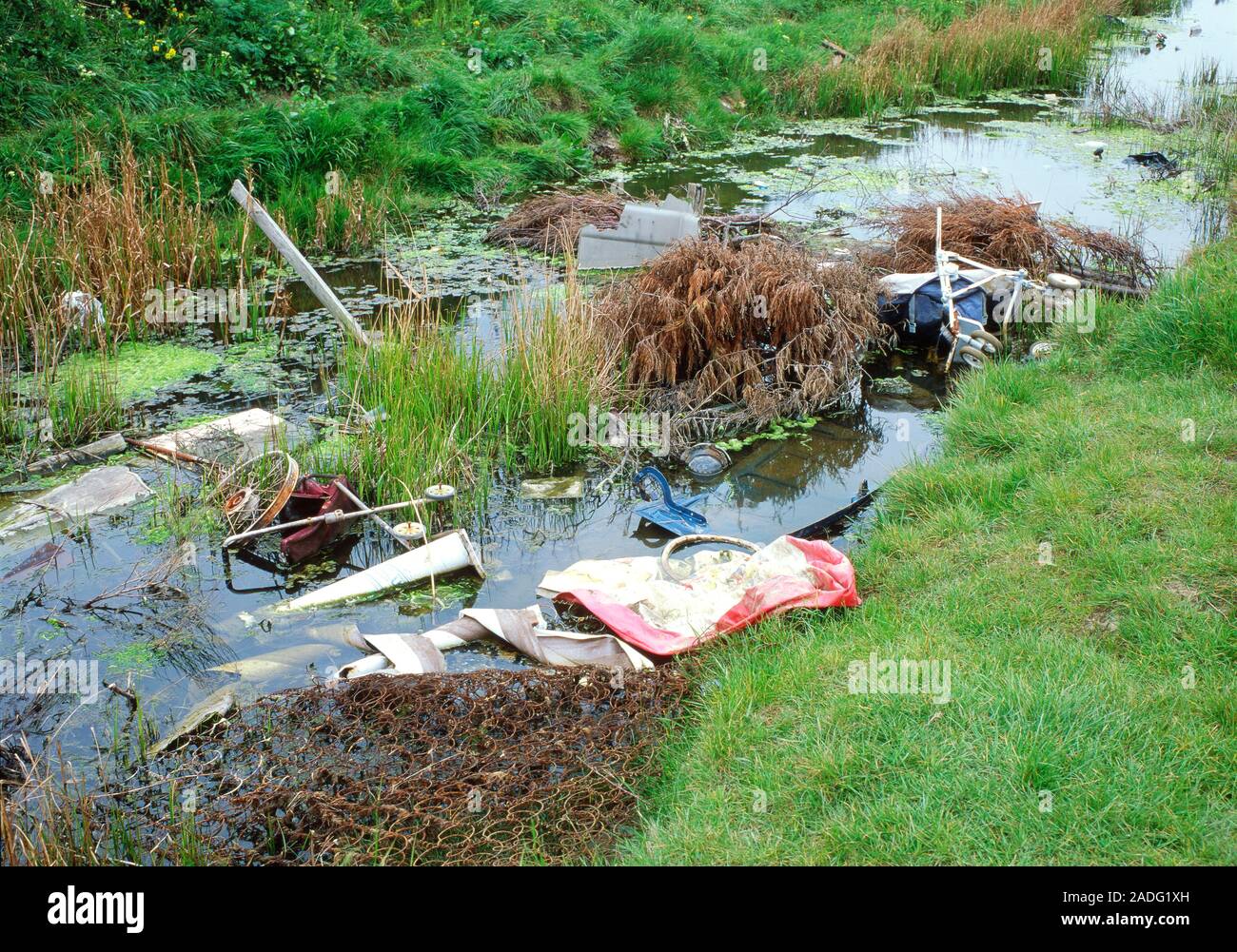Polluted stream. Rubbish clogging a stream in a ditch. Photographed in ...