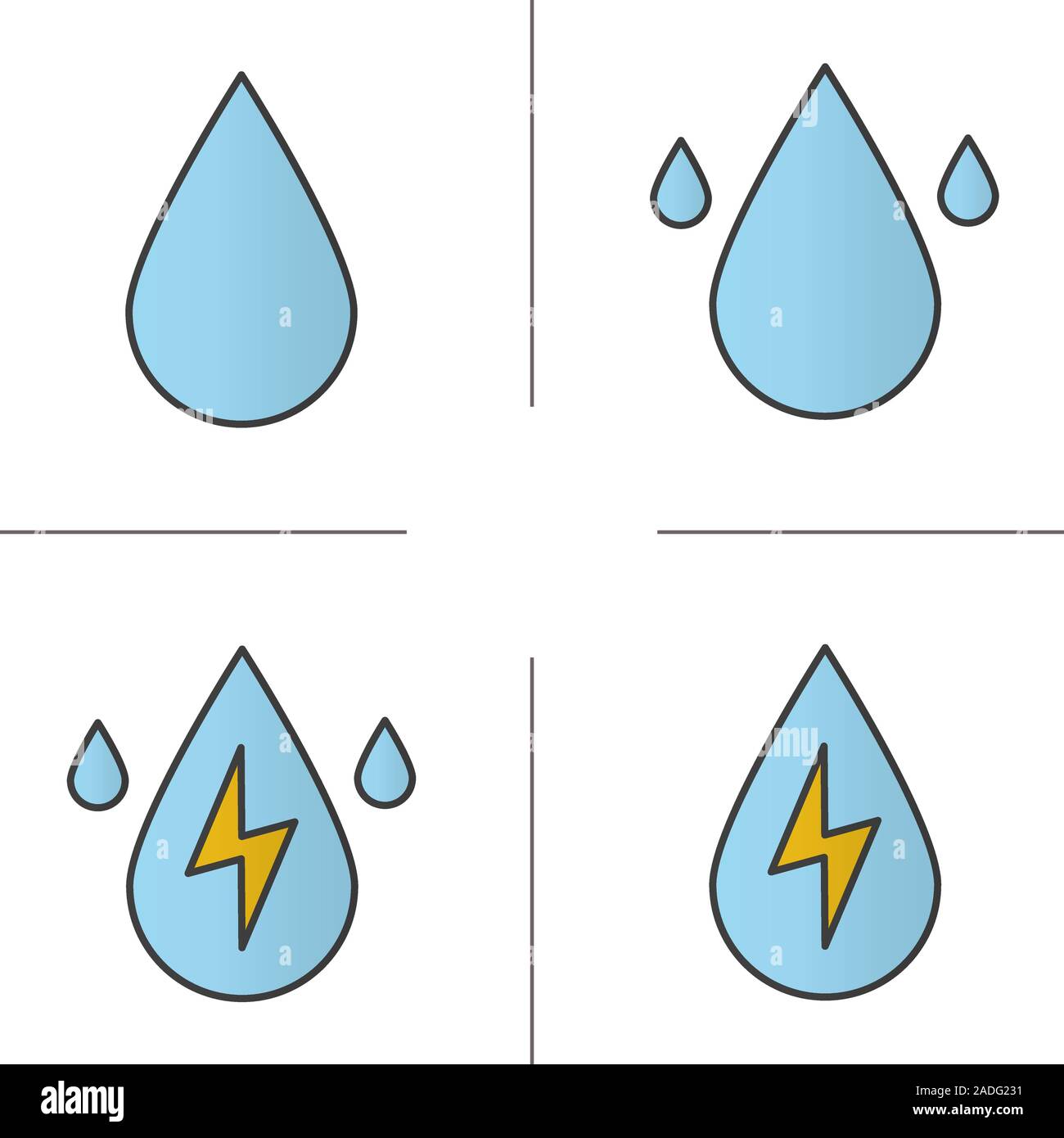 Water energy color icons set. Water drops. Hydro power plant. Isolated ...