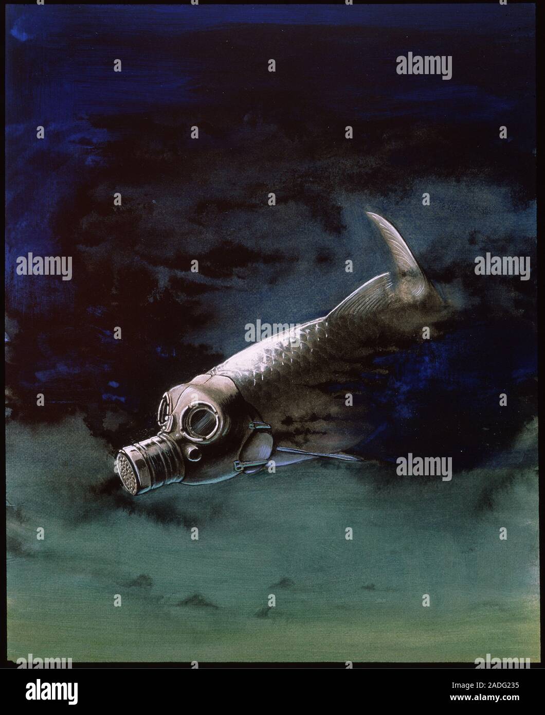 Artist's caricature of water pollution. A fish wearing a gas-mask kind ...
