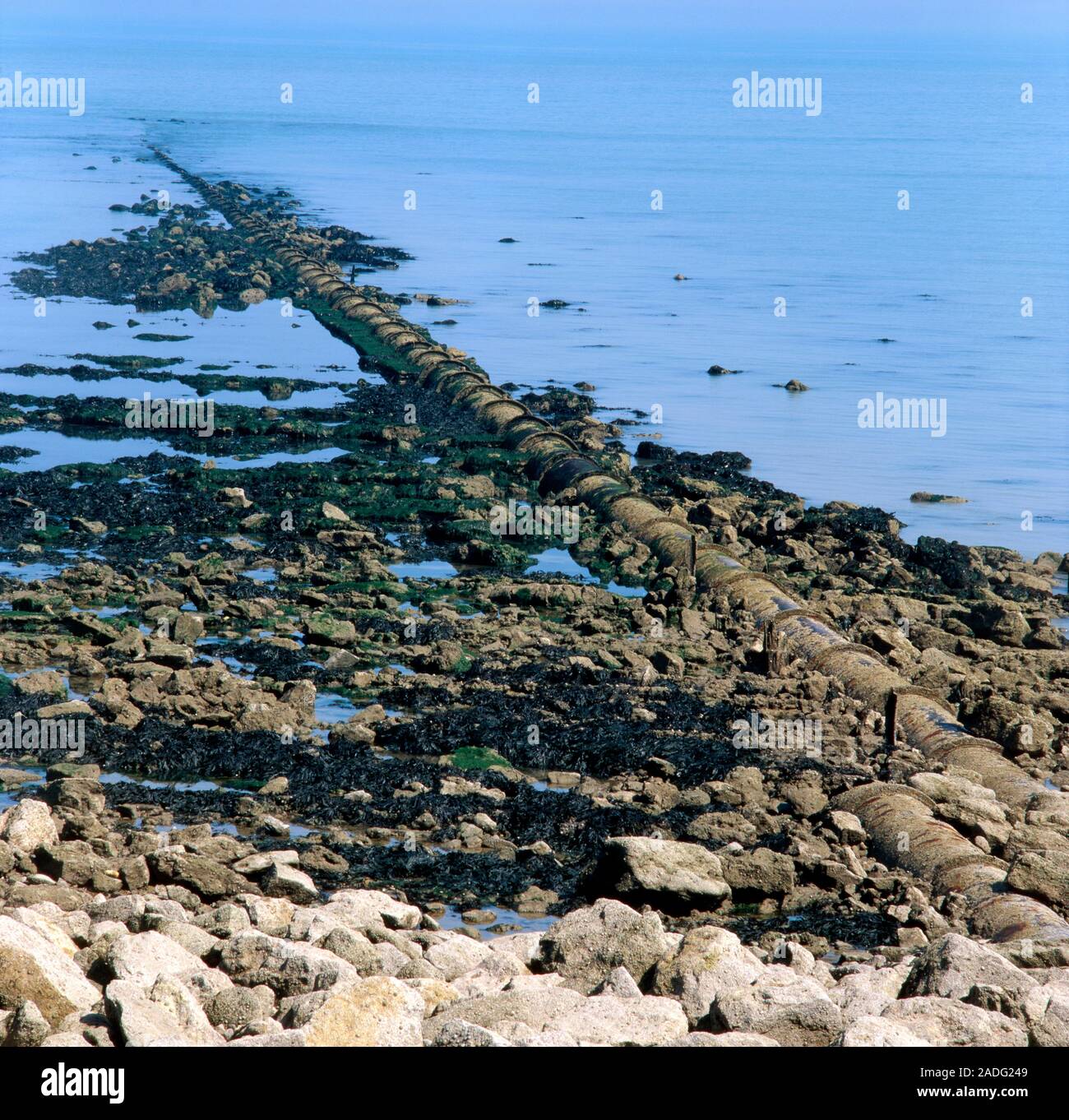 Sewage effluent pipe. A long pipeline carrying sewage out to sea ...