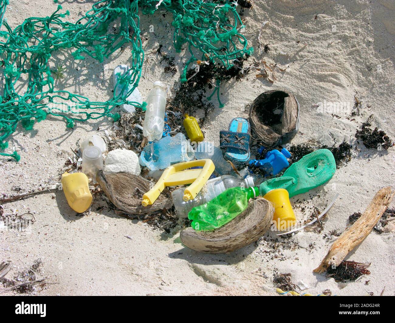 Beach pollution. Litter on a sandy beach. Photographed in Mexico Stock ...