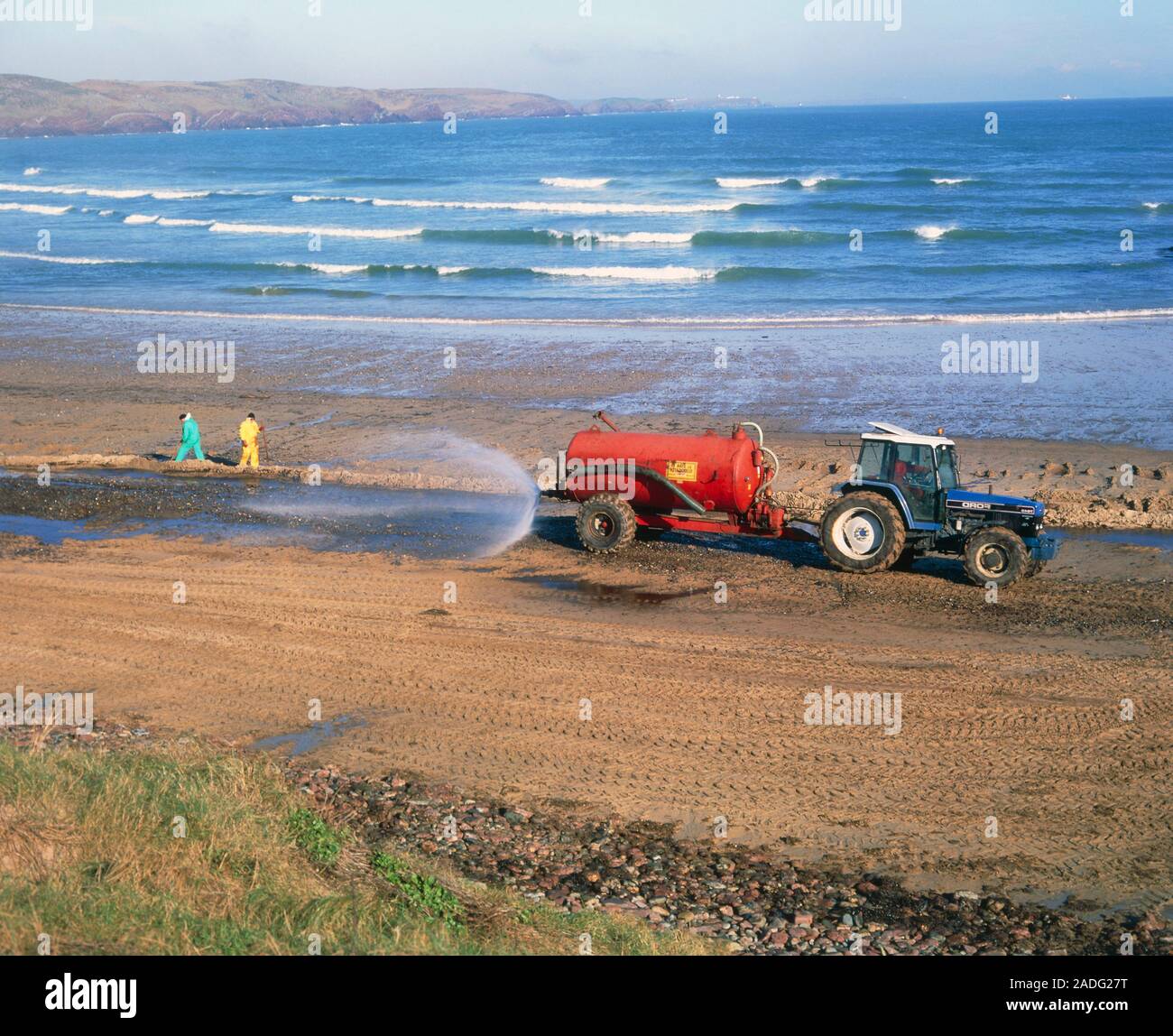 Oil pollution clean-up. Workers cleaning up a beach polluted by an oil ...