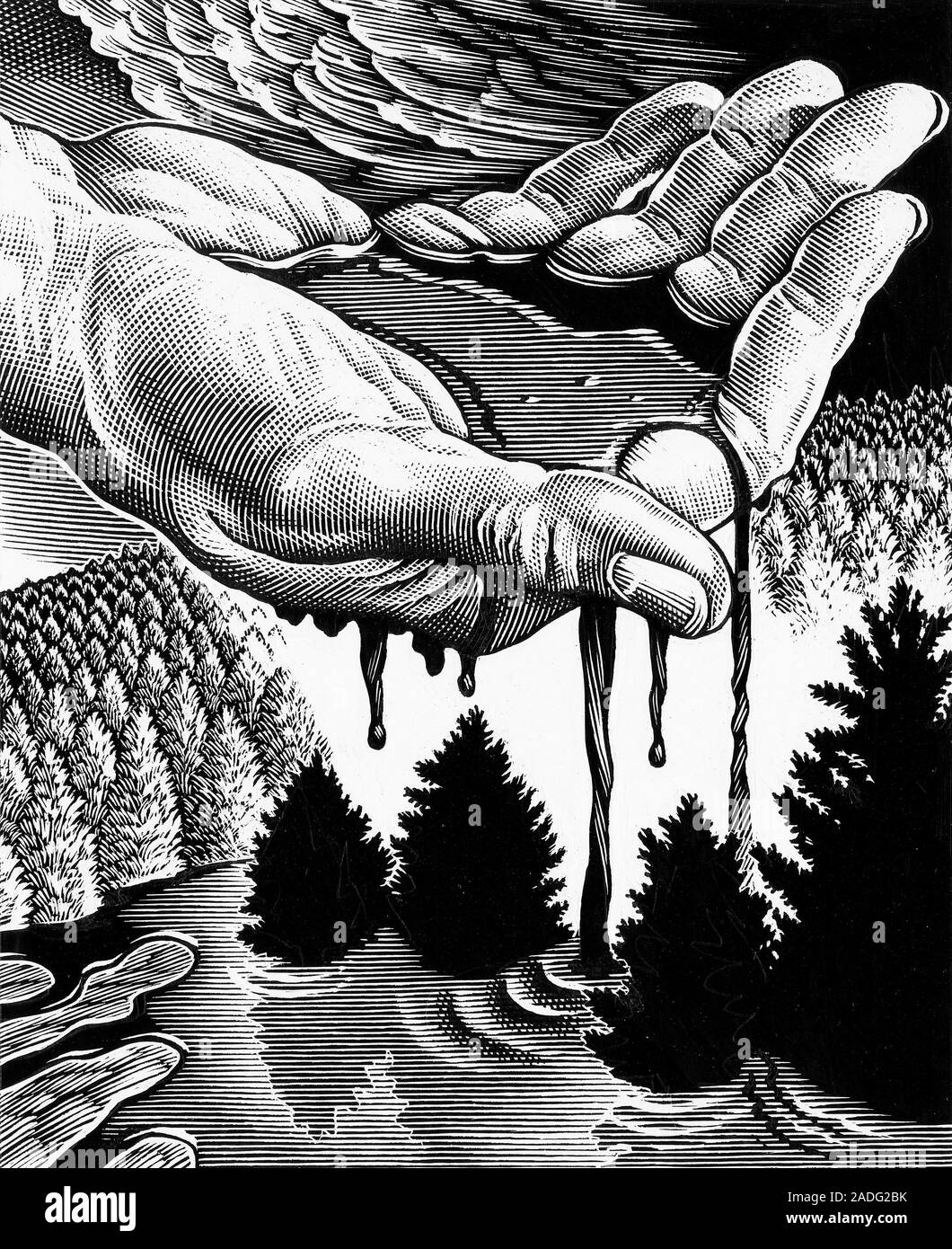 Oil pollution. Conceptual artwork depicting a hand spilling crude oil ...